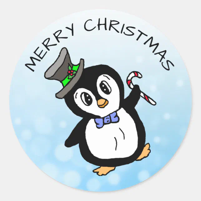 Funny Dancing Penguin with Candy Cane Christmas Classic Round Sticker ...