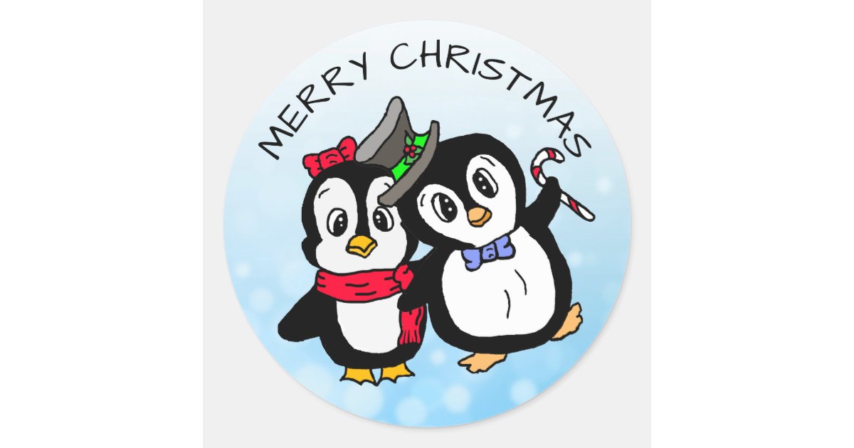 Funny Dancing Penguins with Candy Cane Christmas Classic Round Sticker ...