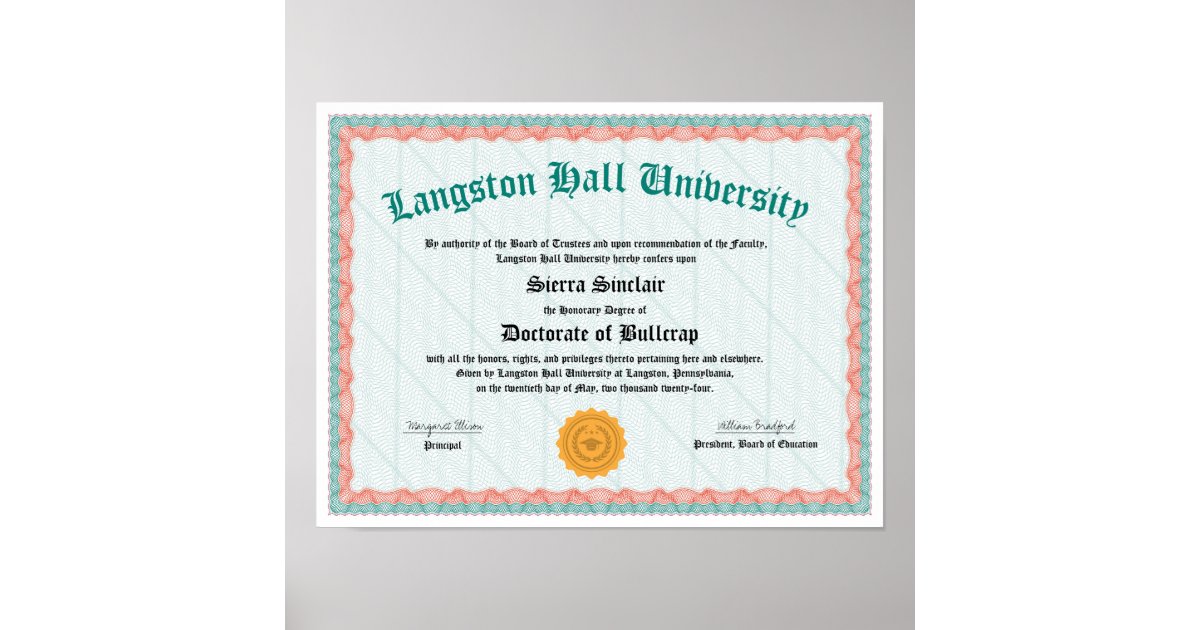 Funny Diploma, Doctorette of Bullcrap, Gag Gift Poster | Zazzle