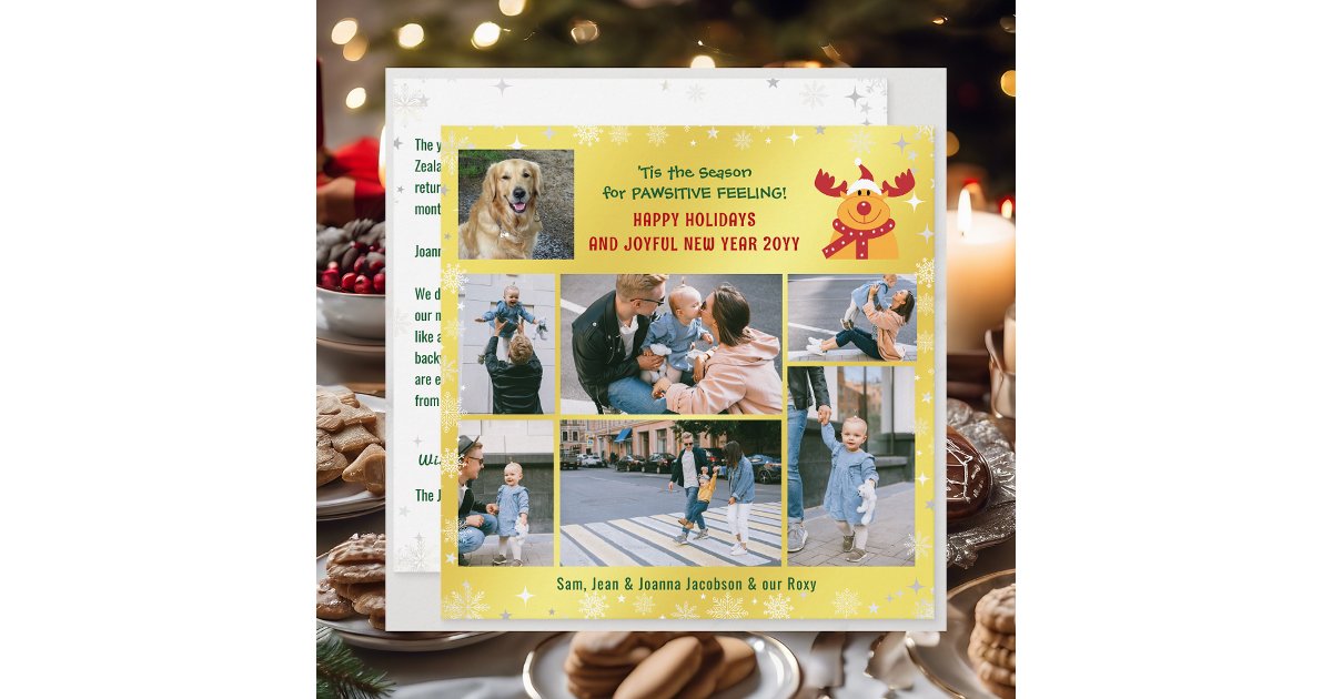 Funny Dog & Rudolph Happy Holidays Golden 7 Photos Holiday Card | Zazzle