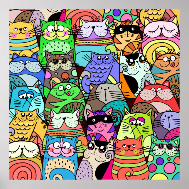 Funny Doodle Crowded Street Cat Gang Poster | Zazzle