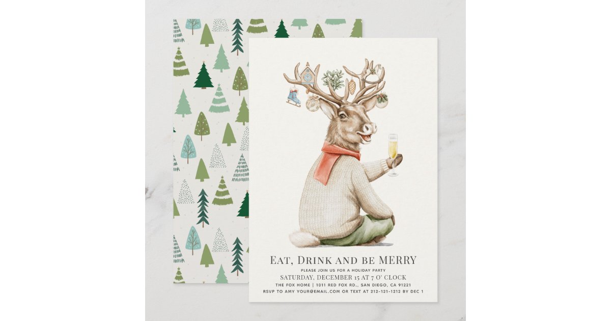 Funny Drinking Reindeer Ornament Christmas Holiday Invitation | Zazzle