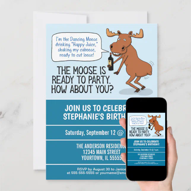 Funny Drunk Dancing Moose Birthday Party Invitation | Zazzle