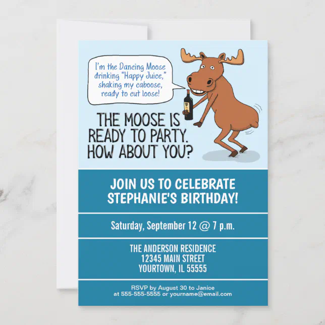 Funny Drunk Dancing Moose Birthday Party Invitation | Zazzle