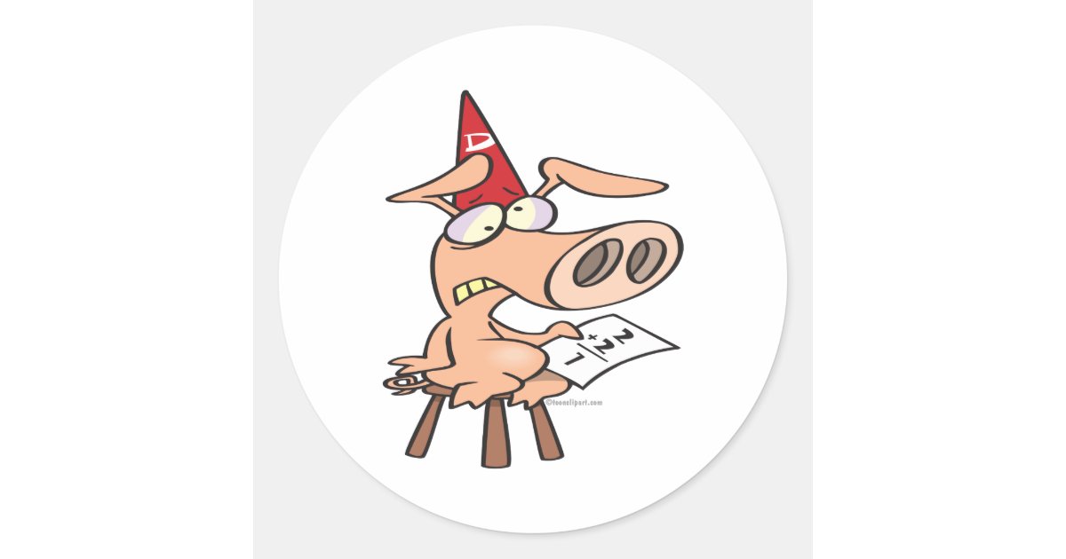 funny dunce dumb pig cartoon classic round sticker | Zazzle