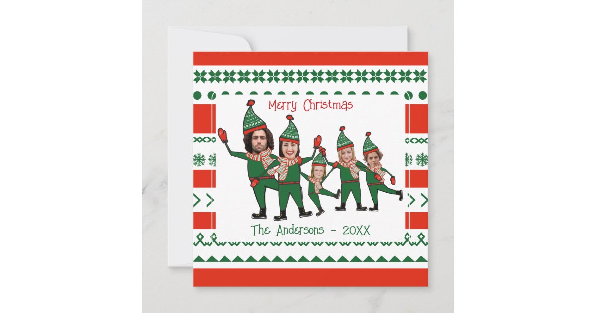 Funny Elf Family of Five Photo Red Green Christmas Holiday Card | Zazzle