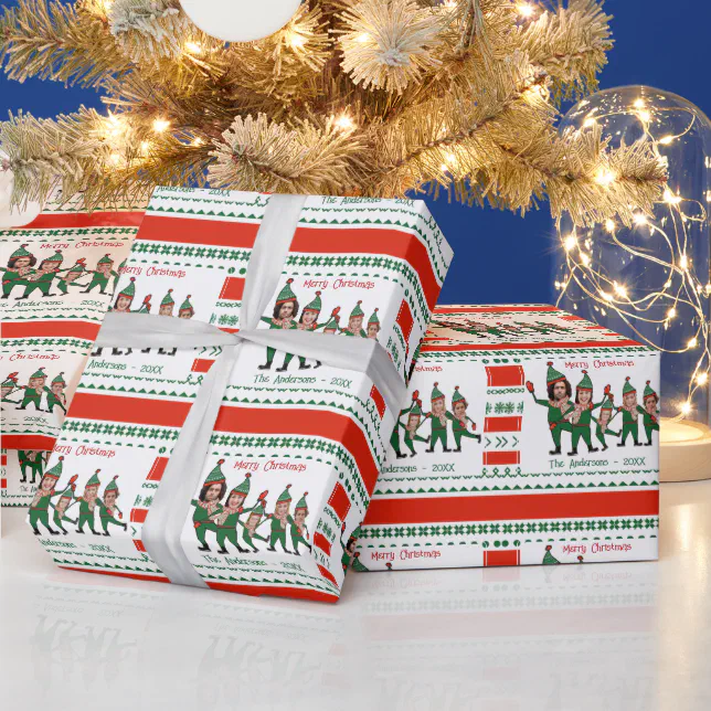 Funny Elf Family of Five Photo Red Green Christmas Wrapping Paper | Zazzle