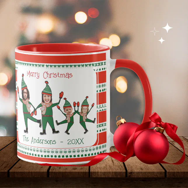 Funny Elf Family of Four Photo Red Green Christmas Mug | Zazzle