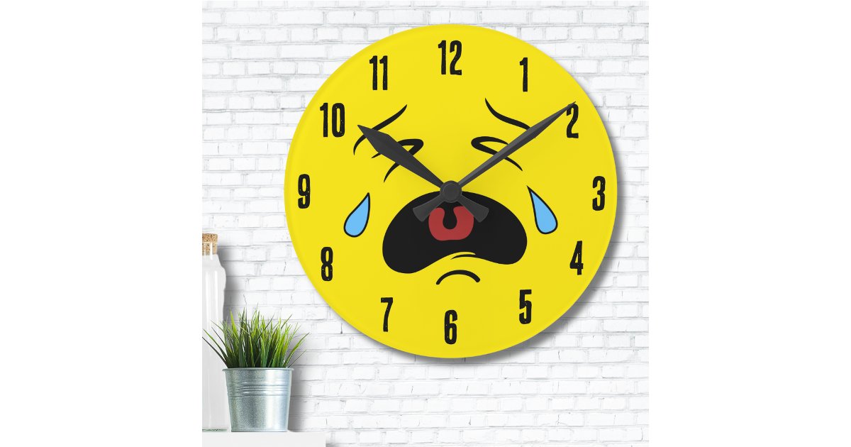 Funny Emoticon Super Sad Face Crying Emoji Round Clock | Zazzle