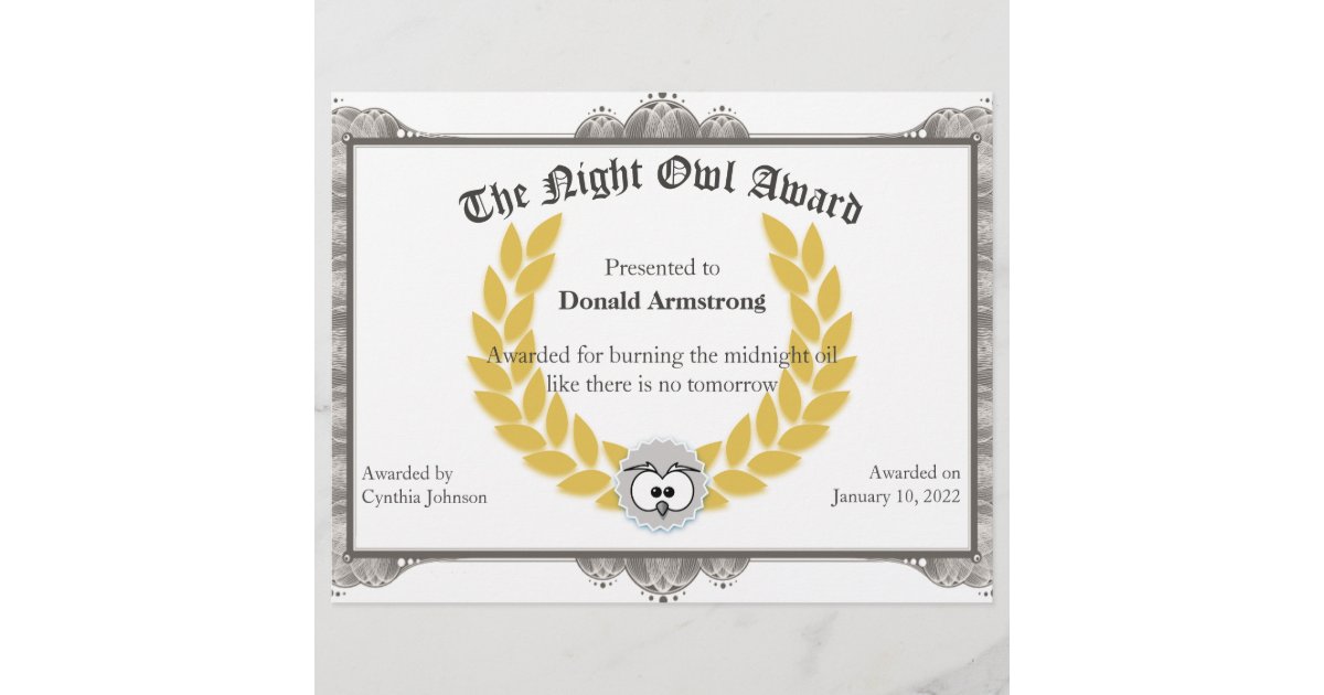 Funny Employee Award - Night Owl | Zazzle