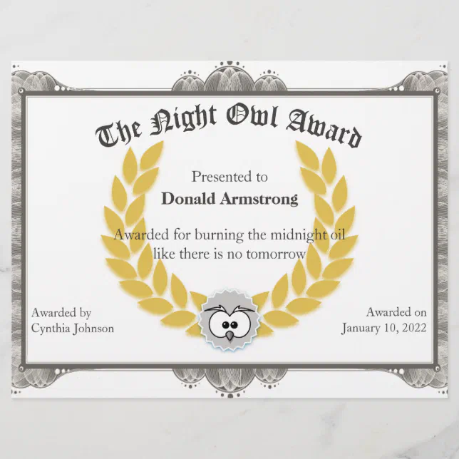 Funny Employee Award - Night Owl | Zazzle