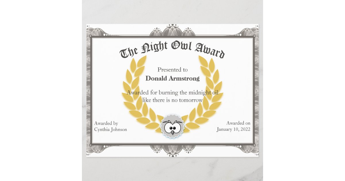 Funny Employee Award - Night Owl | Zazzle