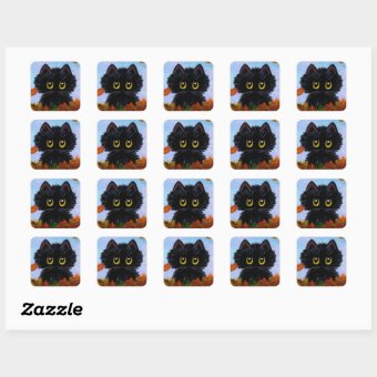 Funny Fall Autumn Black Cat Creationarts Square Sticker | Zazzle