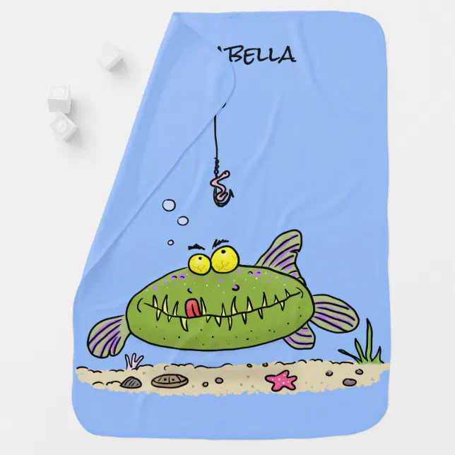 Funny fat hungry green fish fishing cartoon baby blanket | Zazzle