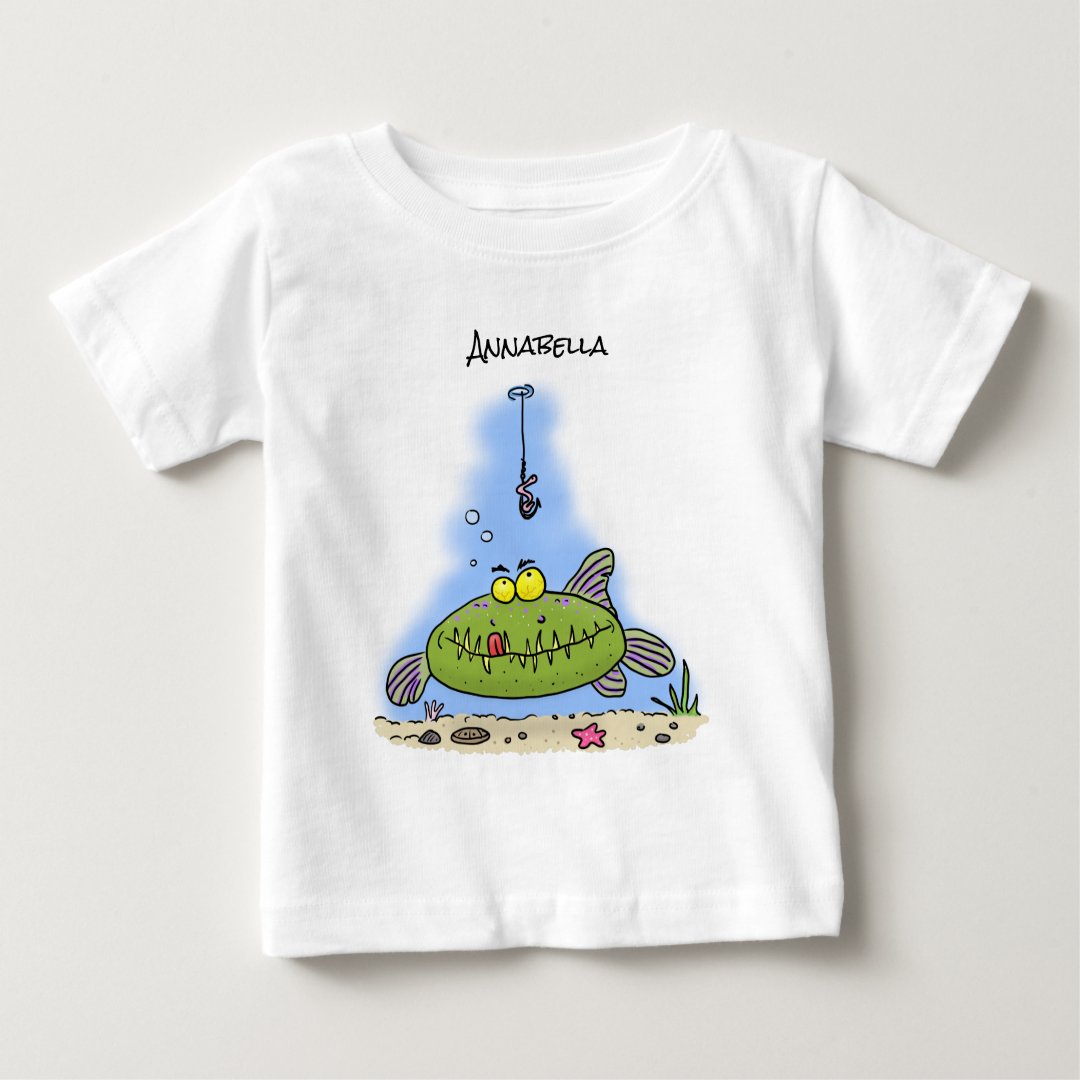 Funny fat hungry green fish fishing cartoon baby T-Shirt | Zazzle