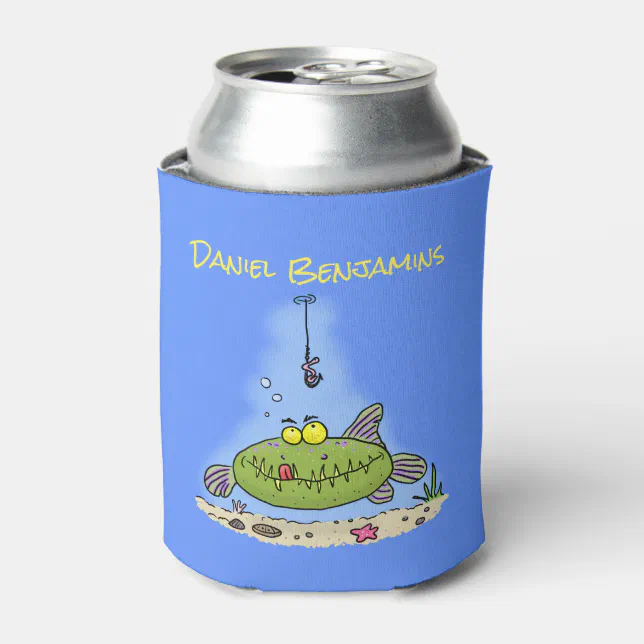Funny fat hungry green fish fishing cartoon can cooler | Zazzle