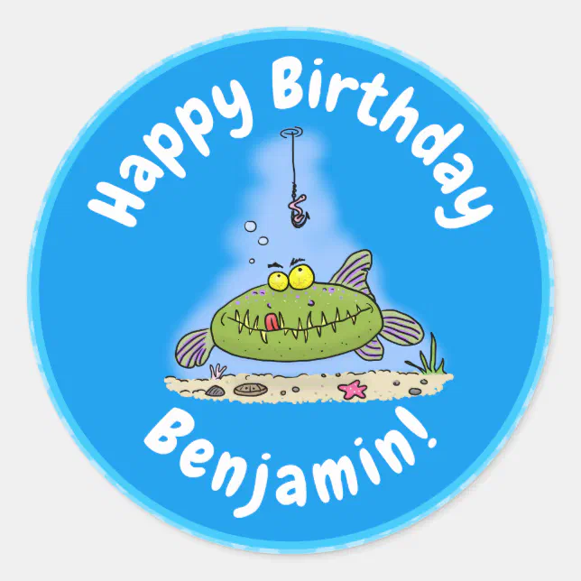 Funny fat hungry green fish fishing cartoon classic round sticker | Zazzle
