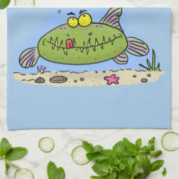 Funny fat hungry green fish fishing cartoon kitchen towel | Zazzle