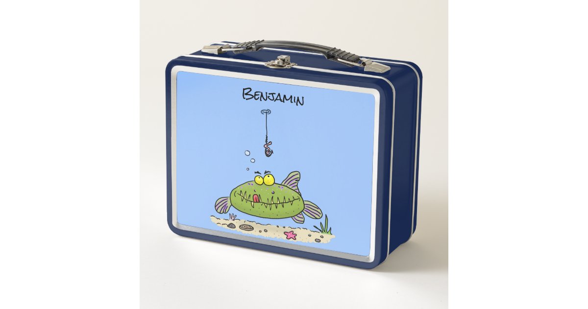 Funny fat hungry green fish fishing cartoon metal lunch box | Zazzle