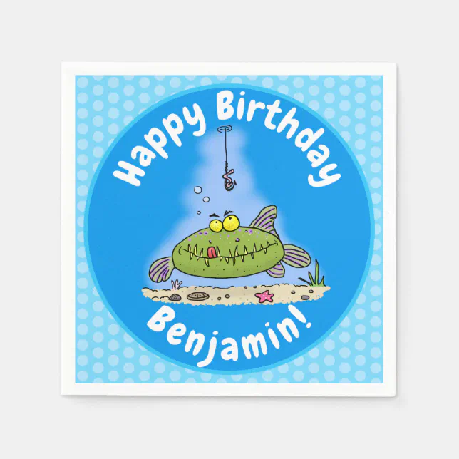 Funny fat hungry green fish fishing cartoon napkins | Zazzle