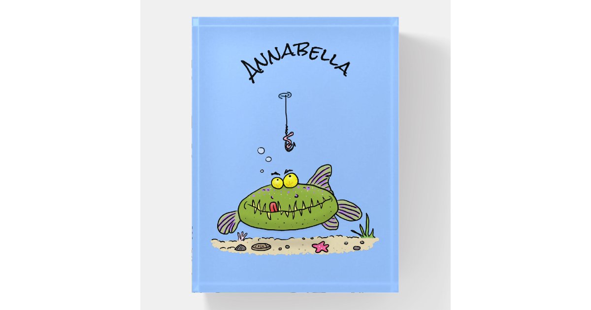 Funny fat hungry green fish fishing cartoon paperweight | Zazzle