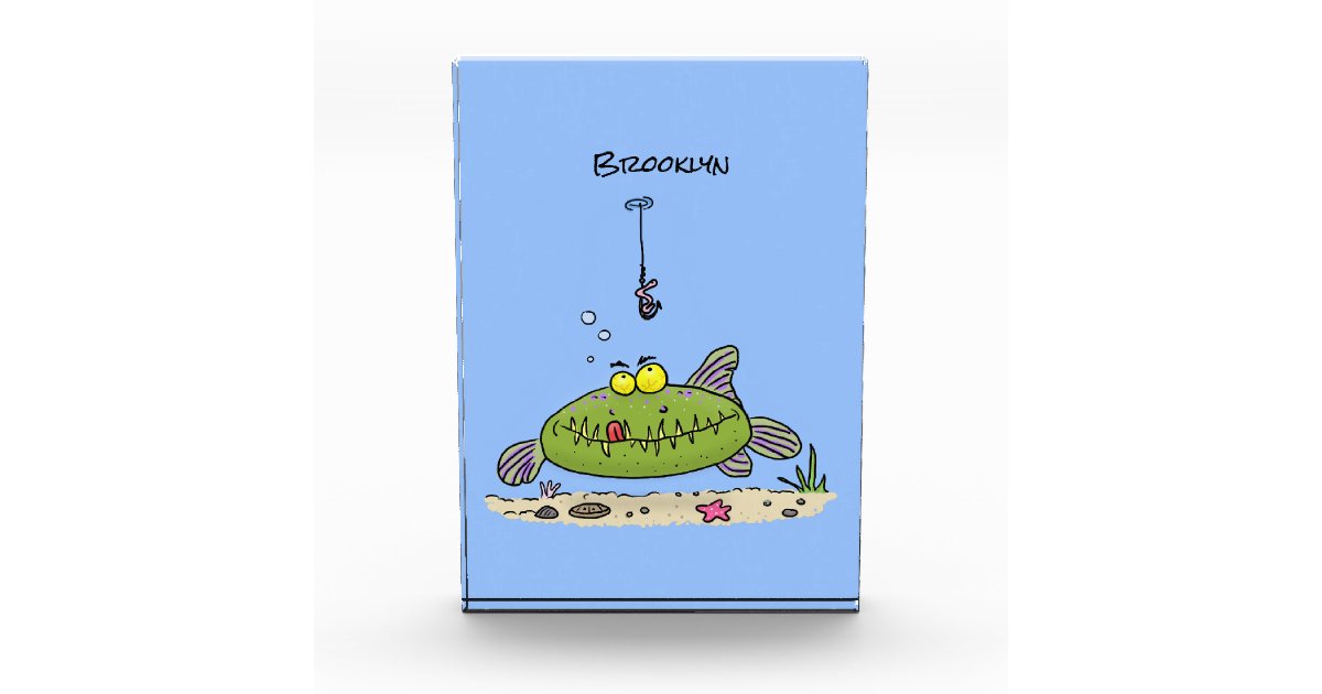 Funny fat hungry green fish fishing cartoon photo block | Zazzle