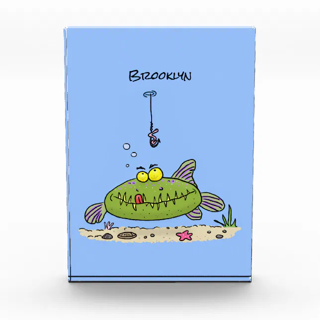 Funny fat hungry green fish fishing cartoon photo block | Zazzle
