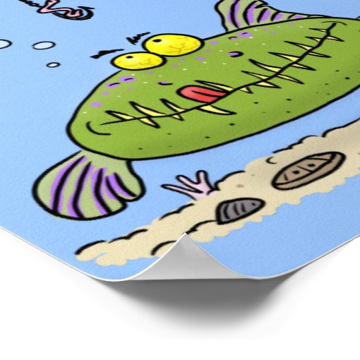 Funny fat hungry green fish fishing cartoon poster | Zazzle