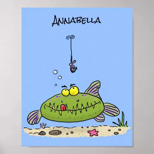 Funny fat hungry green fish fishing cartoon poster | Zazzle