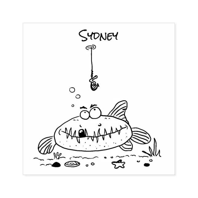 Funny fat hungry green fish fishing cartoon rubber stamp | Zazzle