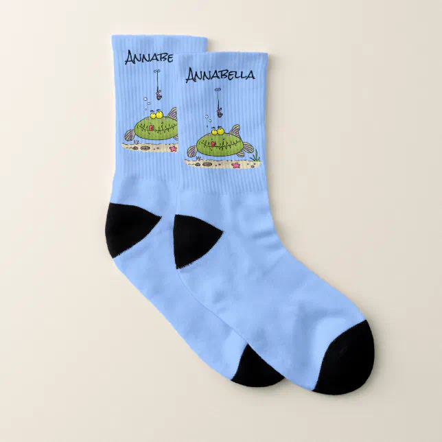 Funny fat hungry green fish fishing cartoon socks | Zazzle