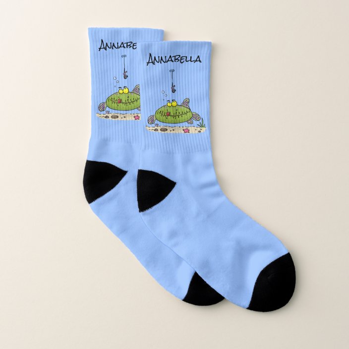 Funny fat hungry green fish fishing cartoon socks | Zazzle.com