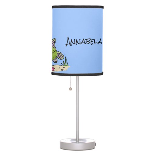 Funny fat hungry green fish fishing cartoon table lamp | Zazzle