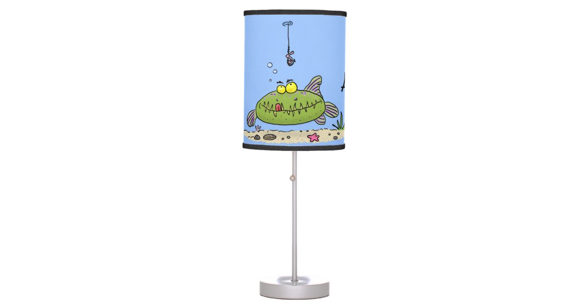 Funny fat hungry green fish fishing cartoon table lamp | Zazzle