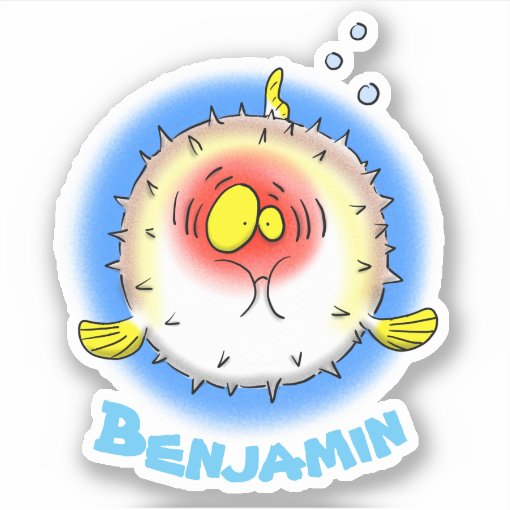 Funny fat puffer fish cartoon illustration sticker | Zazzle