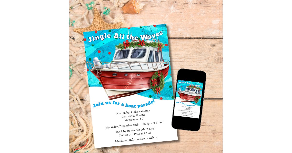 Funny Festive Blue Waves Christmas Boat Parade Invitation | Zazzle