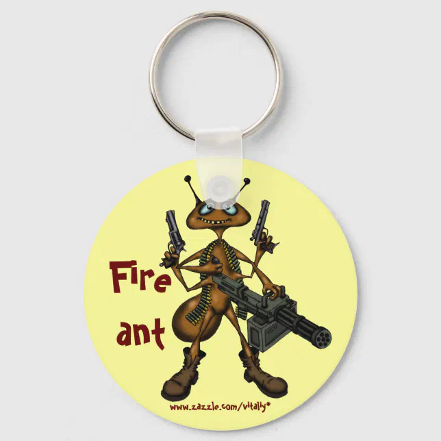 Funny fire ant with guns cartoon art keychain | Zazzle