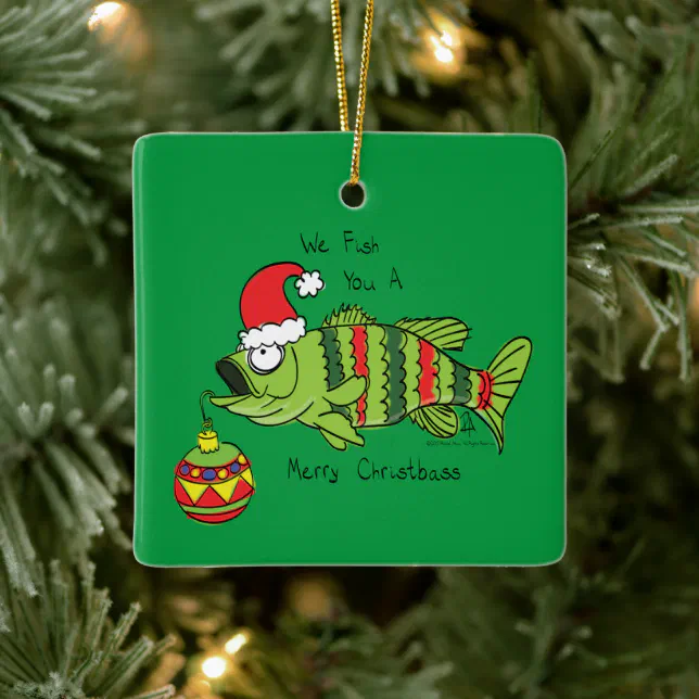 Funny Fishing Christmas Bass Fish Cute Cartoon Ceramic Ornament | Zazzle