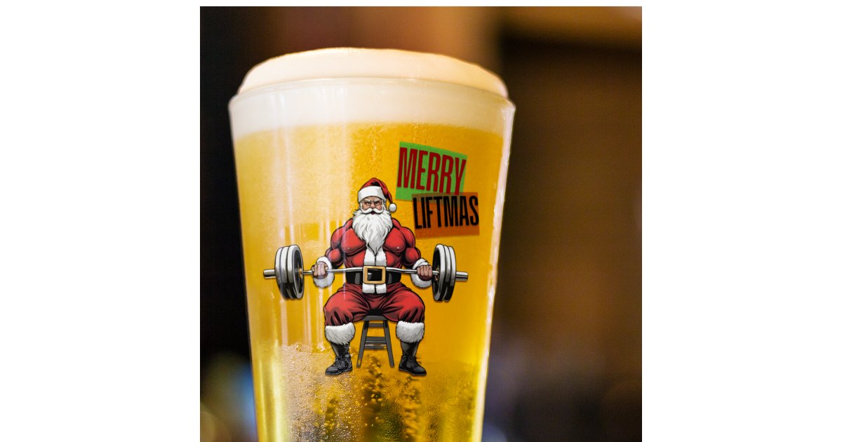 Funny Fitness Christmas Liftmas Barbell Santa Beer Glass | Zazzle