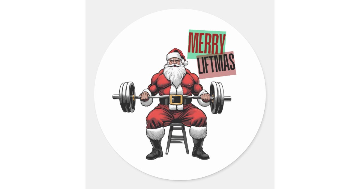 Funny Fitness Christmas Liftmas Barbell Santa Classic Round Sticker ...