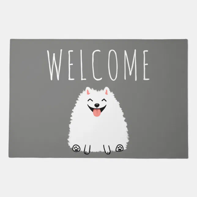 Funny Fluffy White Pomeranian Cartoon Dog Custom Doormat | Zazzle
