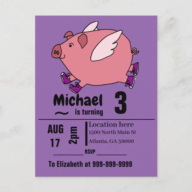 Funny Flying Pig Birthday Party Invitation Postcard | Zazzle