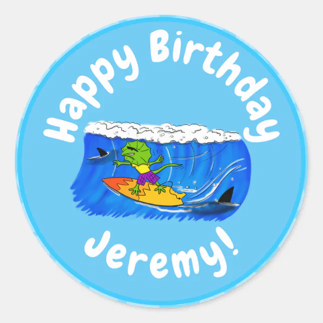 Funny frilled neck lizard surfing cartoon classic round sticker | Zazzle