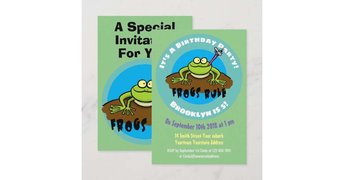 Funny frog cartoon birthday invitation | Zazzle