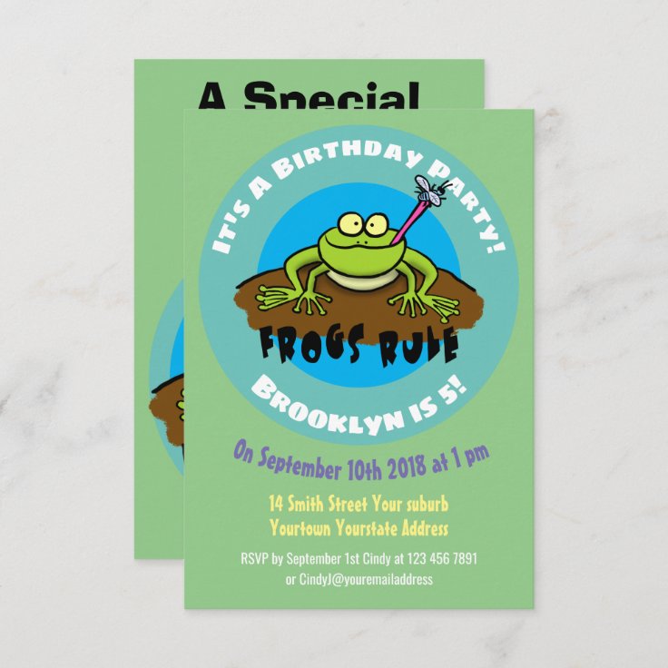 Funny frog cartoon birthday invitation | Zazzle