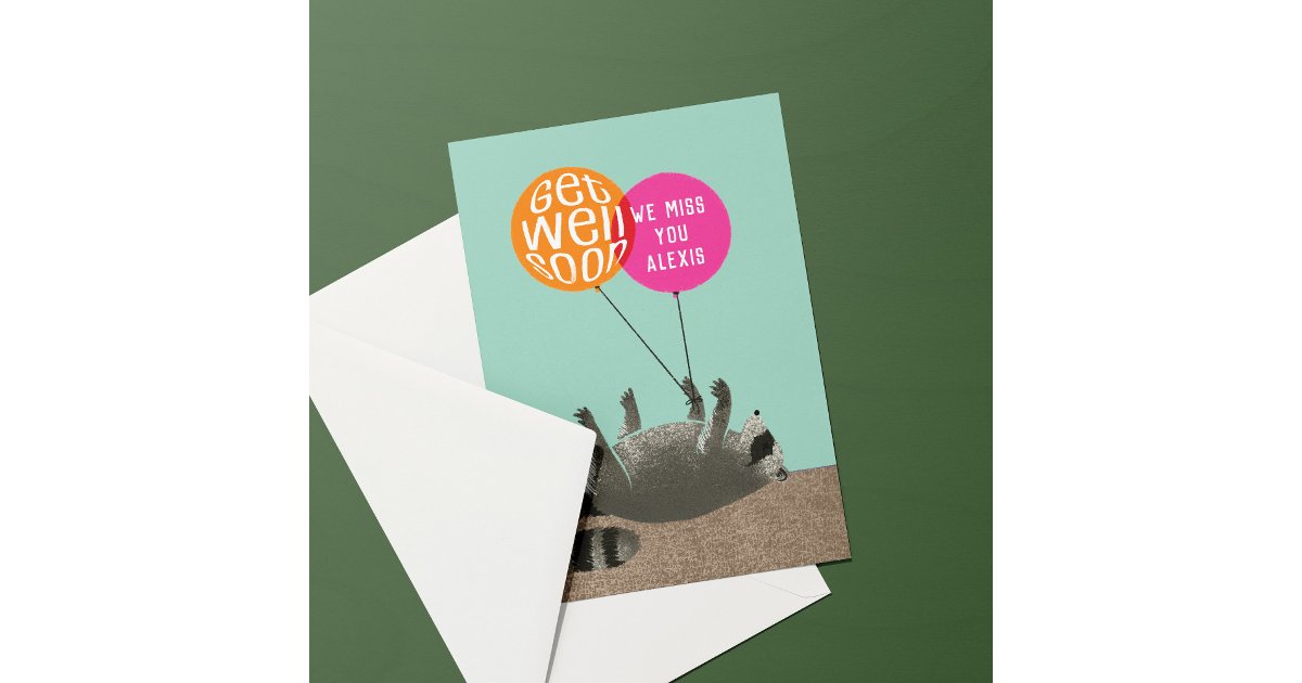 Funny Get Well Raccoon Balloons Card | Zazzle