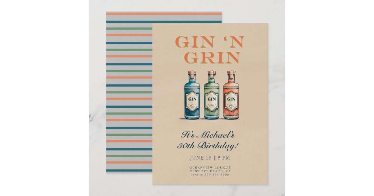 Funny Gin n Grin Bottle Humorous Men 30th Birthday Invitation | Zazzle