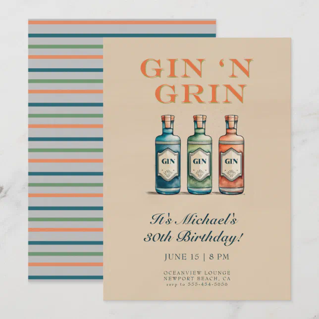 Funny Gin n Grin Bottle Humorous Men 30th Birthday Invitation | Zazzle