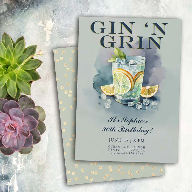 Funny Gin n Grin Cocktail Party 30th Birthday Invitation | Zazzle