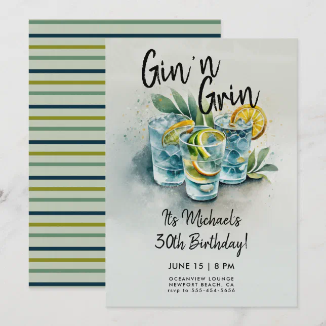 Funny Gin n Grin Drinks Party Men 30th Birthday Invitation | Zazzle
